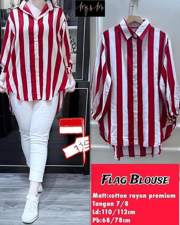 BLOUSE KATUN RAYON MOTIF MERAH PUTIH TERBARU ATASAN WANITA GARIS GARIS ...