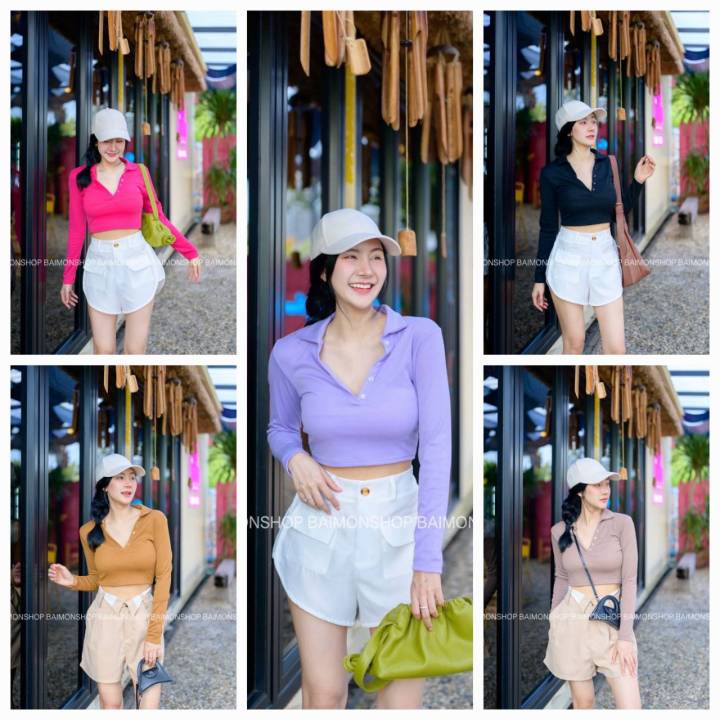 Sirawan เสื้อครอปคอปกแขนยาวมีกระดุม ไม่มีกระเป๋า เว้าหน้าเล็กๆเพิ่มความ ...