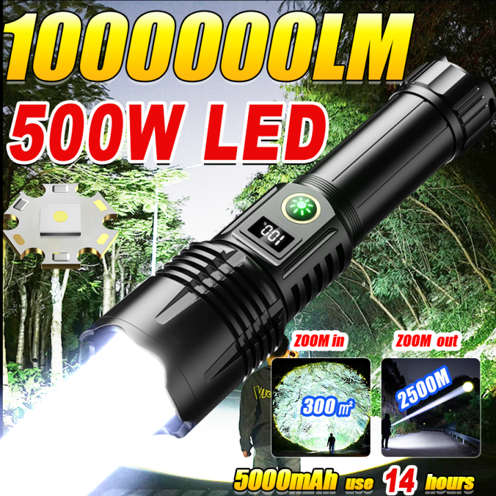 1000000LM 500W High Power LED Rechargeable Flashlights 5000MAH Ultra ...