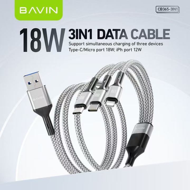 BAVIN CB365 3in1 Fast Charging Cable Nylon Braided Data Transfer 3A ...