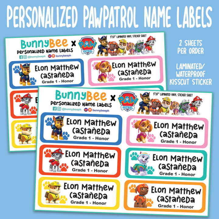 Personalized Paw Patrol Name Label Laminated Waterproof Stickers (Name ...