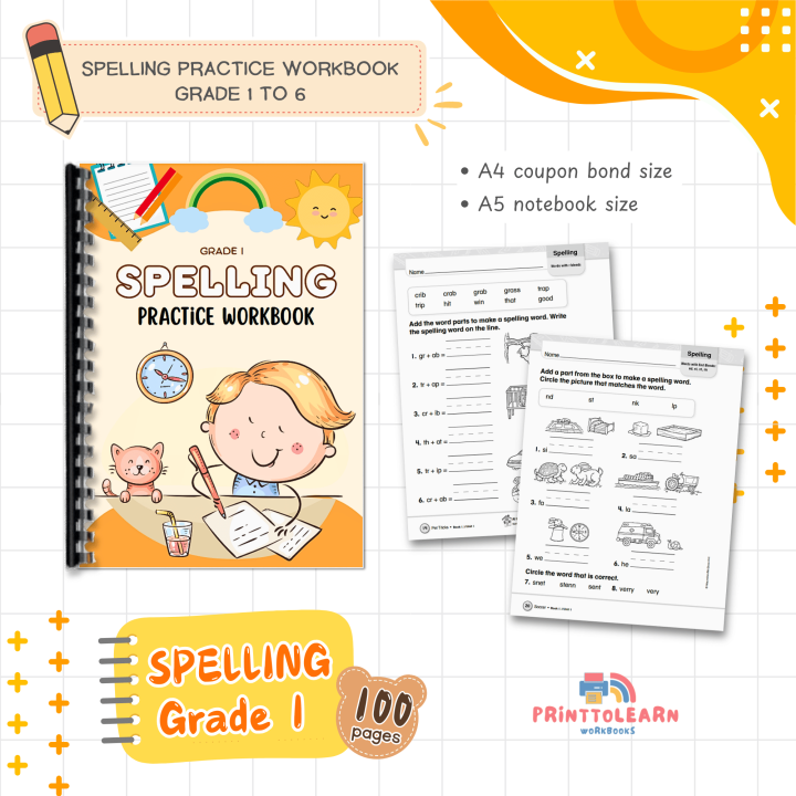 100 pages SPELLING Practice Workbook Grade 1 to 6 -black and white only ...