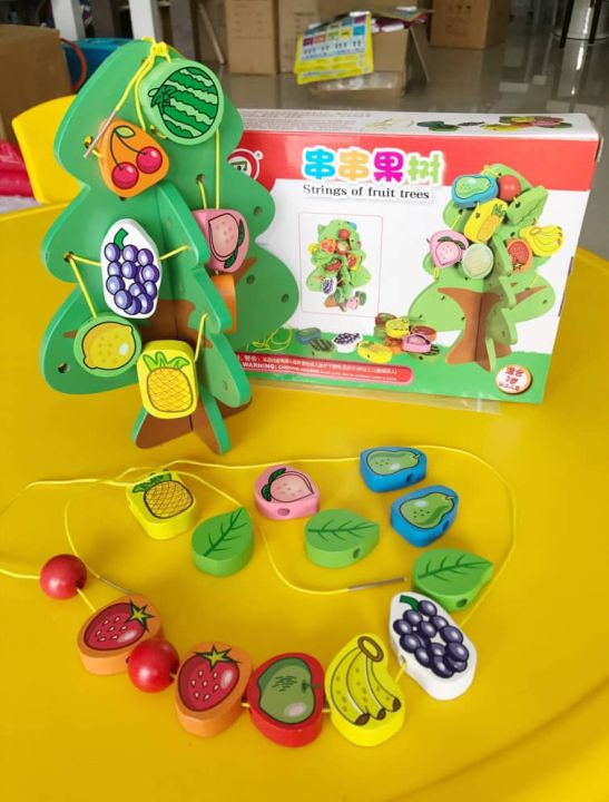 Wooden Threading Fruits Tree Fine Motor Skill Brain Develop Training ...