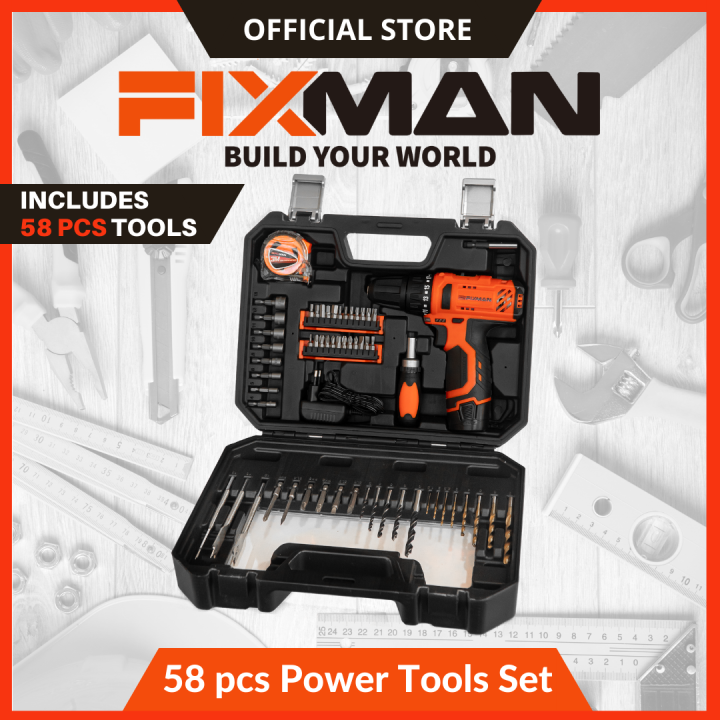 FIXMAN 58 pcs Power Tools Set, 12v Cordless Power Drill, Measuring Tape ...