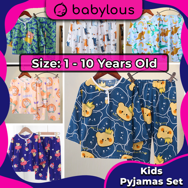 Kids Pyjamas Set Baju Tidur Budak Cotton Silk 3/4 Sleeve Long Sleeve ...
