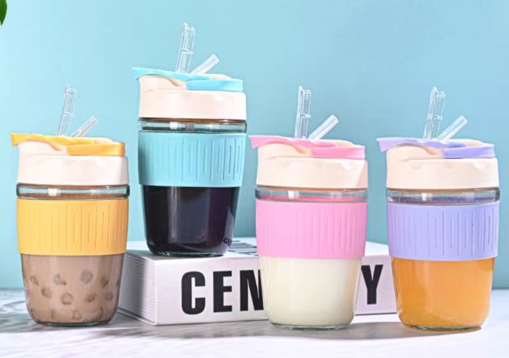 400ML Glass Travel Coffee Mug Reusable Coffee Cup with Lid and Straw Portable To Go Iced Tea ...