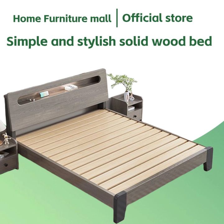 Solid wood bed single double bed 2M king bed simple family bedroom bed ...