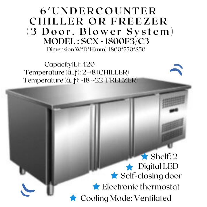 Stainless Steel 6' Undercounter Chiller (3 Door, Blower & Auto defrost ...
