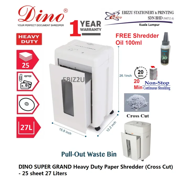 DINO SUPER GRAND Paper Shredder (Cross Cut)-25 sheet (27L) Non-Stop 20 ...