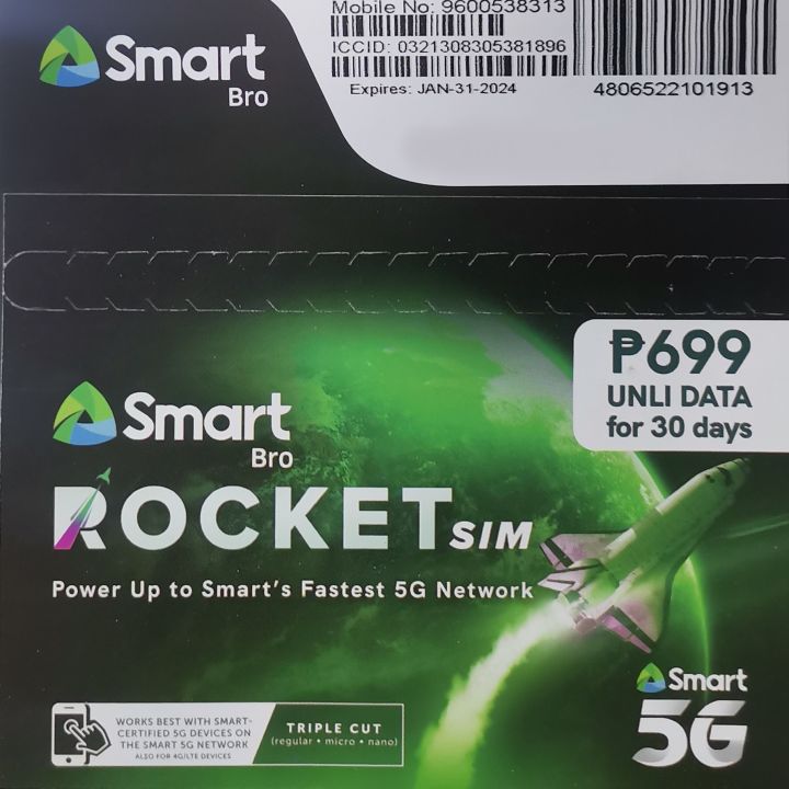 Smart Bro Rocket SIM card P699 with 30Day Unlidata 30 Day Unli Data 4G/5G No Speed Limit No Data ...