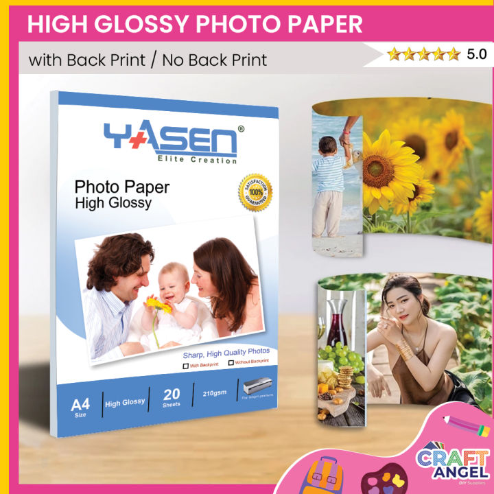 Yasen 20 Sheets High Glossy Photopaper A4 Size 210GSM Inkjet Photo Paper with Back Print/No Back ...