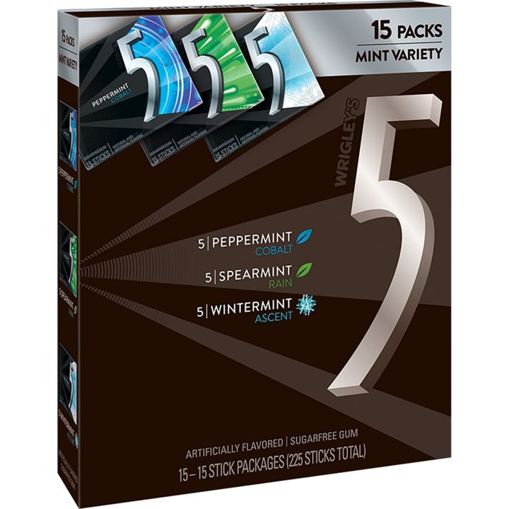 5 Gum Sugarfree Chewing Gum Three Flavor Variety Pack, 15-Count Box ...