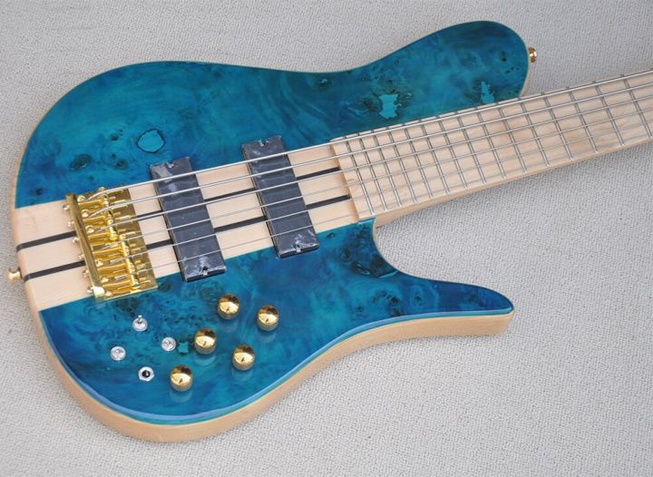 6 Strings Transparent Blue Neck-Thru-Body Electric Bass Guitar With ...