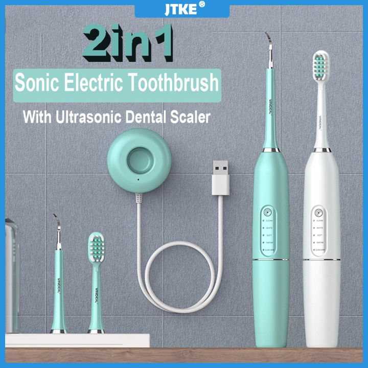 JTKE 2 In 1 Electric Toothbrush Sonic Dental Calculus Remover Teeth ...