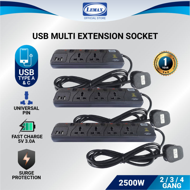 LMX USB-C & USB-A 2, 3, 4 Gang Multi Extension Socket Surge Protection (2M) 2500W Trailing ...
