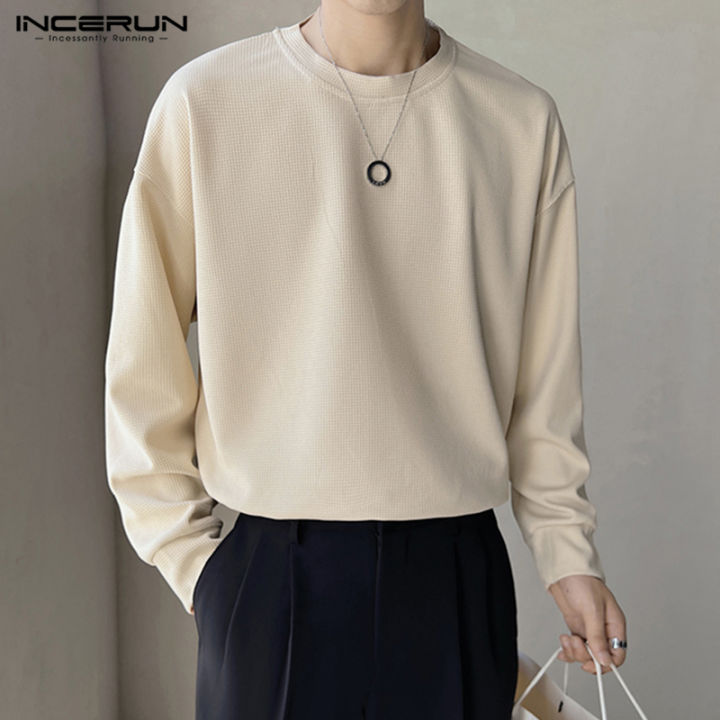 INCERUN เสื้อยืดแฟชั่นคอกลมแขนยาวลำลองสำหรับบุรุษ (สไตล์เกาหลี ...