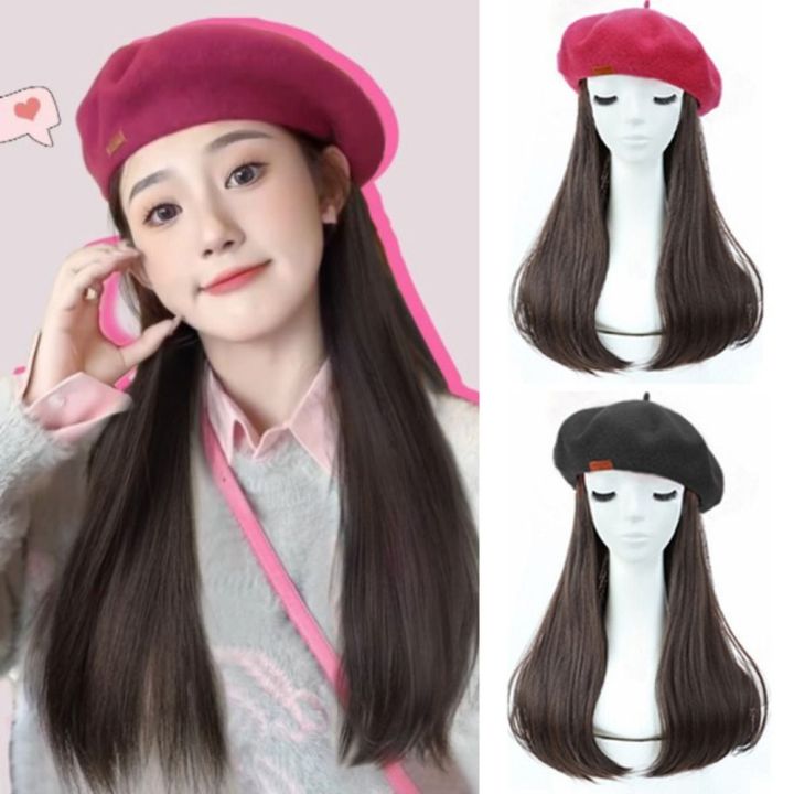 Y2K2 สไตล์เกาหลีแบบ วิกหมวกเบเร่ต์ สีชมพูอมชมพู ชิ้นผมธรรมชาติ วิกผมหมวก ใบไม้ร่วงและใบไม้ร่วง ...