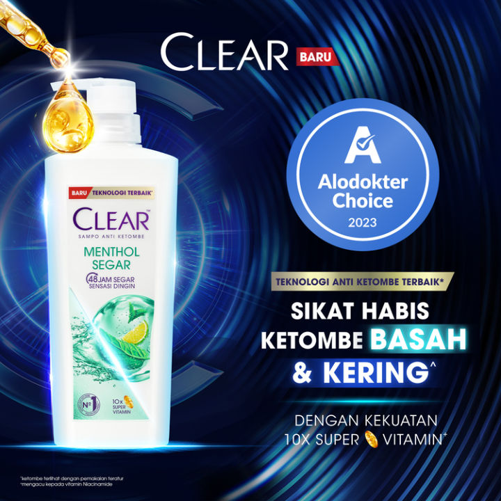 CLEAR Shampoo Anti Ketombe Menthol Segar, 48 Jam Segar Sensasi Dingin dengan 10x Super Vitamin ...