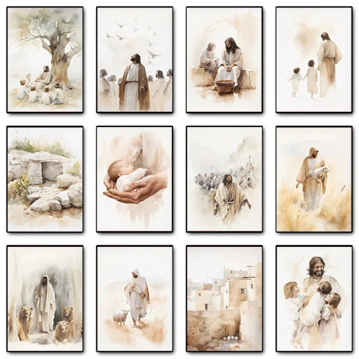 Bible Scenes Poster Jesus on The Path Teaching Child Walking on Water ...