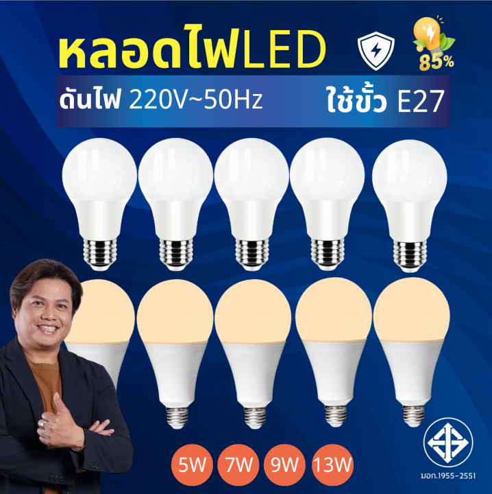 ชุด 10 หลอด หลอดไฟ LED 5W 7W 9W 13W Bulb แสงสีขาว Daylight 6500K แสงสีว ...
