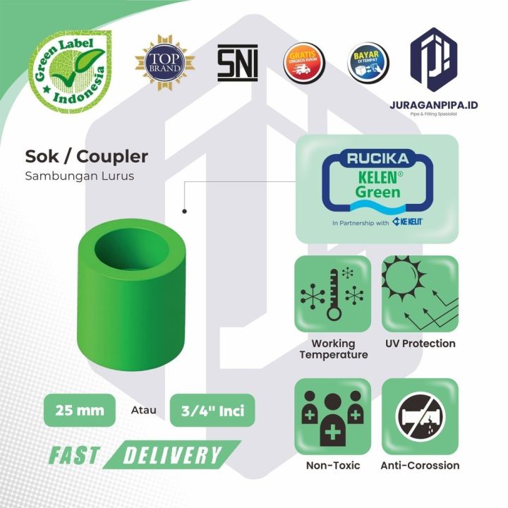 Coupler PPR 25 mm | Sok/Socket PPR 25 mm ~ 3/4" Inci Rucika Kelen Green ...
