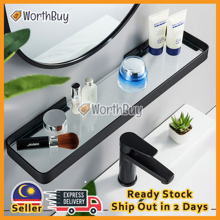 Worthbuy Wall Mounted Aluminium Bathroom Tempered Glass Shelf Soap ...