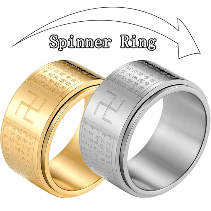 Stainless Steel Rotatable Ring Swastika Buddhism Heart Sutra Classic ...