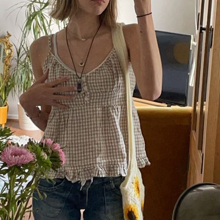 Y2K Fairycore Grunge Plaid Camisole 90s 00s Aesthetic Retro Ruffles ...