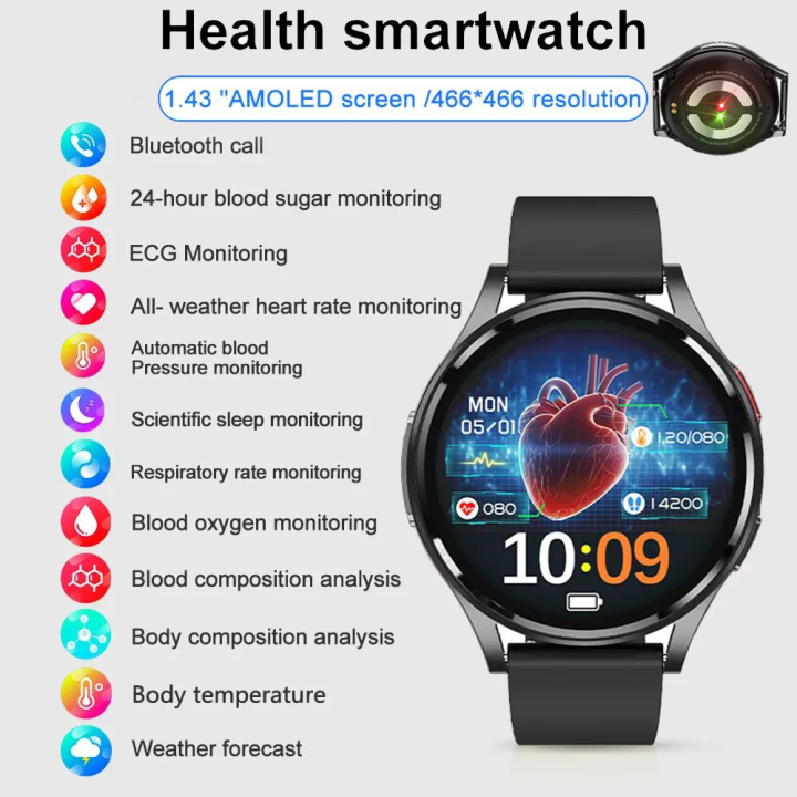 2024 New Blood Lipids Uric Acid Blood Glucose Smart Watch Men Bluetooth call ECG+PPG Fitness ...