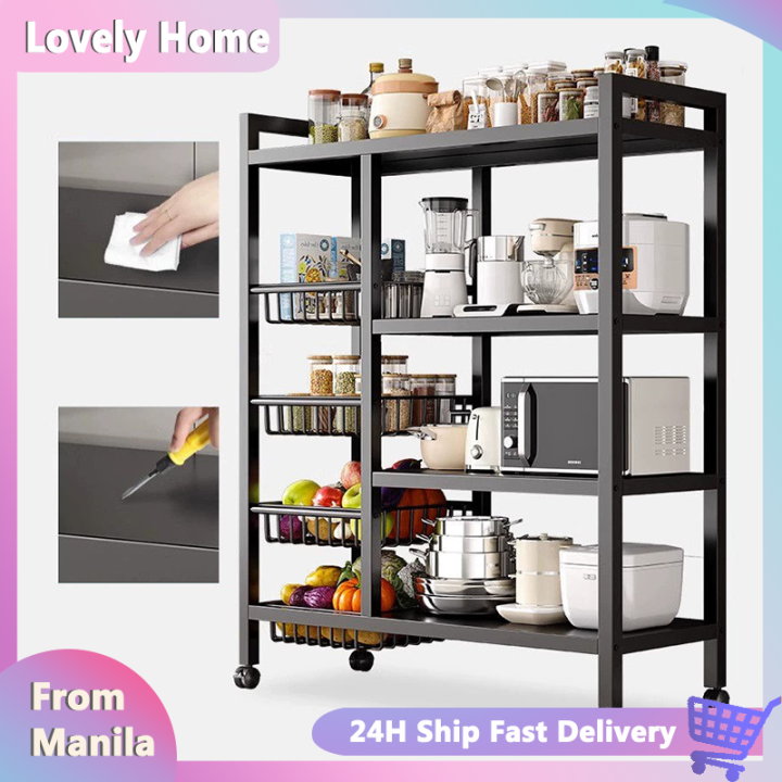 4/5 Tier Heavy Duty Metal Kitchen Storage Rack with 3 Baskets Organizer ...