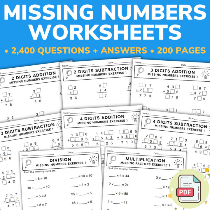 Printable Missing Numbers Worksheets | 2,400 Questions + Answers ...