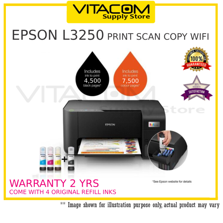 Epson EcoTank L3210 L3250 PRINT SCAN COPY WIFI REFILLABLE 4 BOTTLES ...