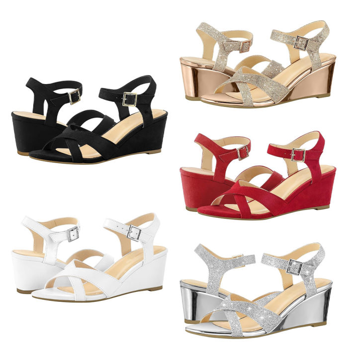 Women Open Toe Wedge Heels Shoes Comfortable Work Wedding Party Pumps ...