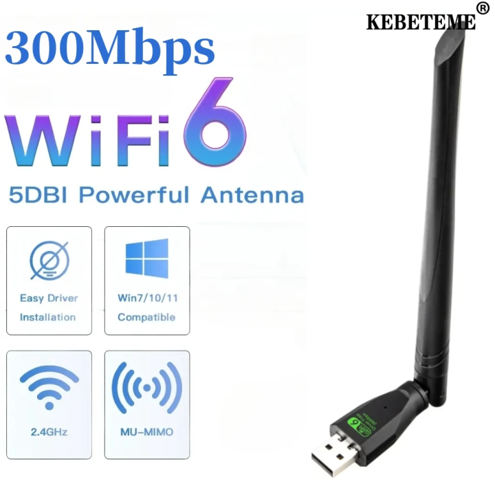 KEBETEME WIFI 6 Wireless USB Adapter 300Mbps Driver Free Network Card Antenna LAN Adapter For PC ...