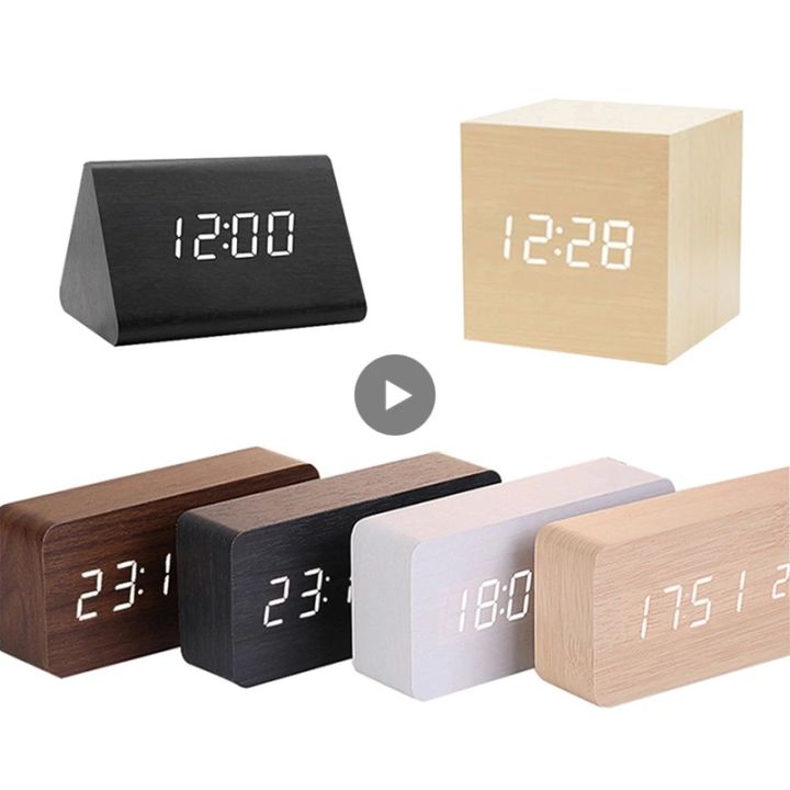 USBAAA Clocks LED Wooden Alarm Clock Watch Table Voice Control Digital ...