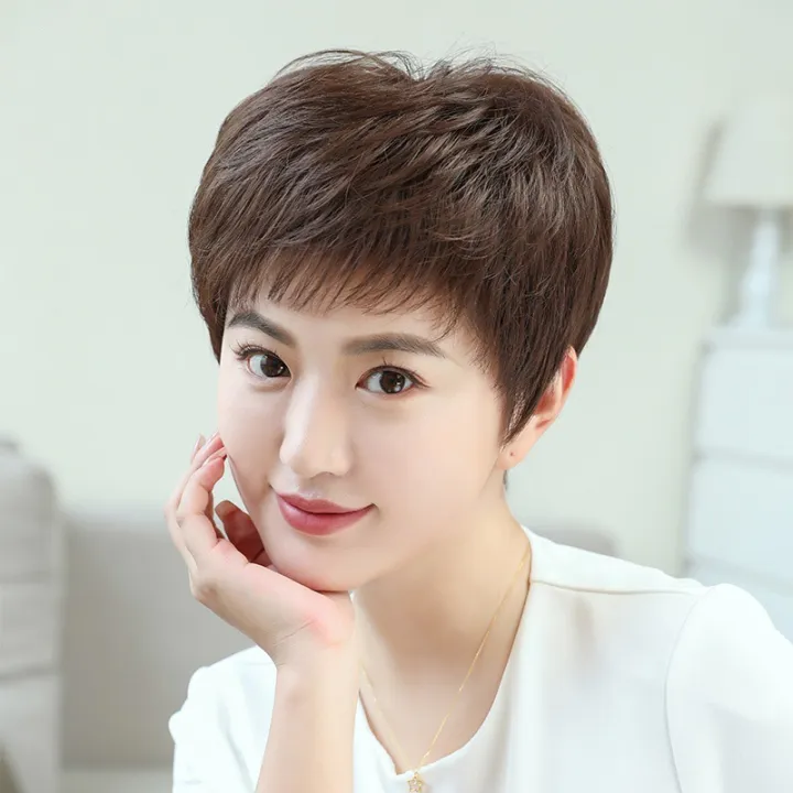 100% Human Hair Wig Middle-aged and Elderly Women's Short Hair Wigs ...