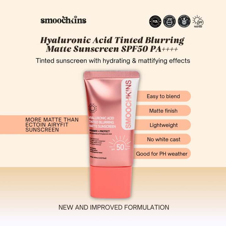 Smoochkins Hyaluronic Acid Tinted Blurring Matte Sunscreen SPF 50 PA++++ with Niacinamide and ...