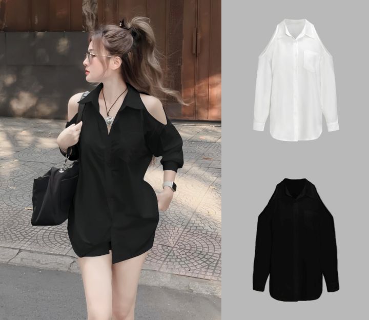 พร้อมส่ง เสื้อผ้าไหมอิตาลี เสื้อแขนยาวกระดิ่งเว้าไหล่กระดุมหน้า A4221 ...