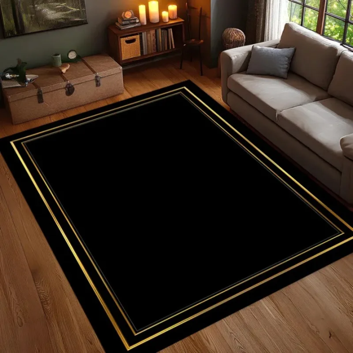 【Direct selling】 Modern Black Gold Area Rug Minimalist Frame Carpet ...