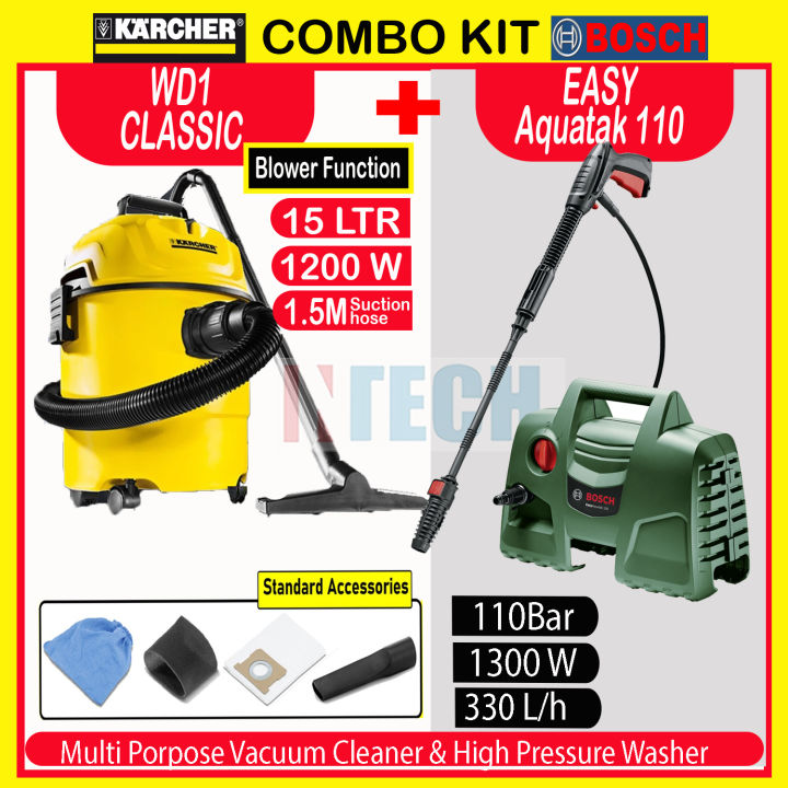 COMBO KIT BOSCH EASYAQUATAK 110 HIGH PRESSURE WASHER C/W KARCHER WD1 ...