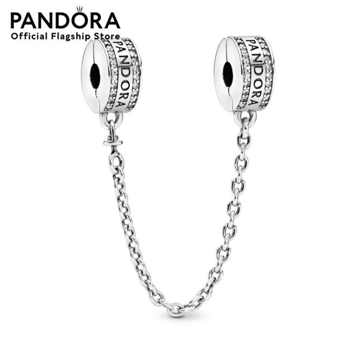 Pandora logo silver safety chain with clear cubic zirconia and silicone ...