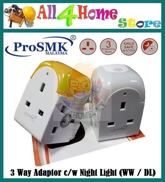 3 Way UK 3 Pin Adaptor Adapter c/w night light (Warm White or Daylight ...