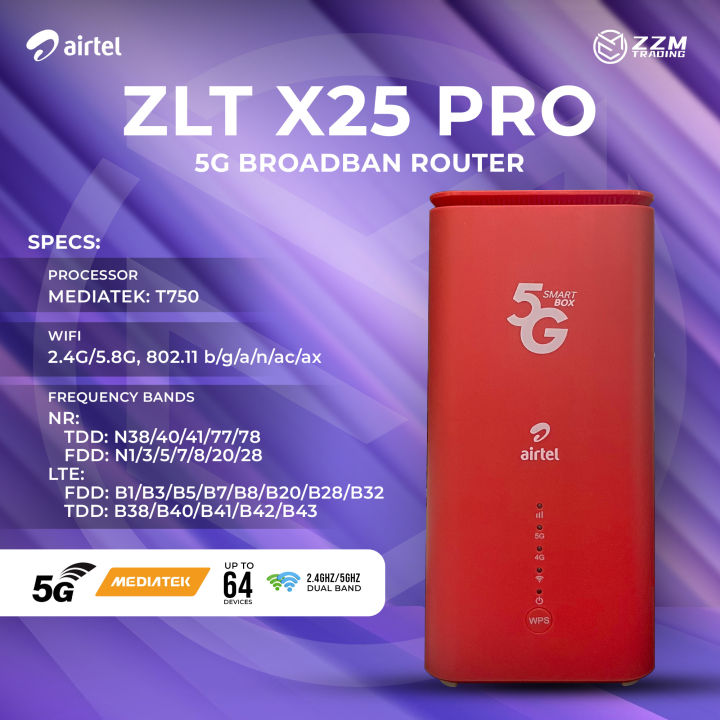 Airtel ZLT X25 Pro 5G BROADBAN ROUTER MEDIATEK: T750 Dual band 2.4c/5.8G UP TO 64 DEVICES ZZM ...
