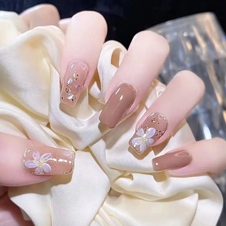 Bộ 24 móng tay giả nailbox nâu họa tiết hoa 💖💖 SẴN KEO DÁN 💖💖 | Lazada.vn