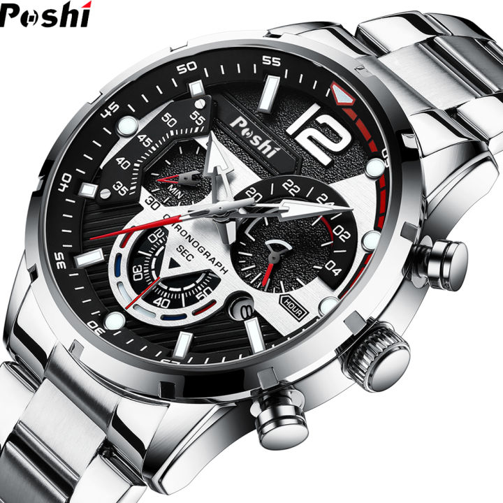POSHI Top Brand Men's Watches Fashion Silver Men Stainless Steel Quartz ...