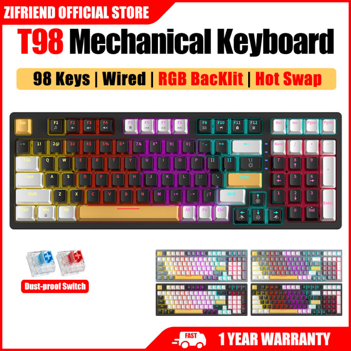 【จัดส่งภายใน 3 วัน】 ZIFRIEND T98 98คีย์คีย์บอร์ดแบบกลไกสายรุ้ง Backlit คีย์บอร์ดสำหรับเล่นเกมแบบ ...