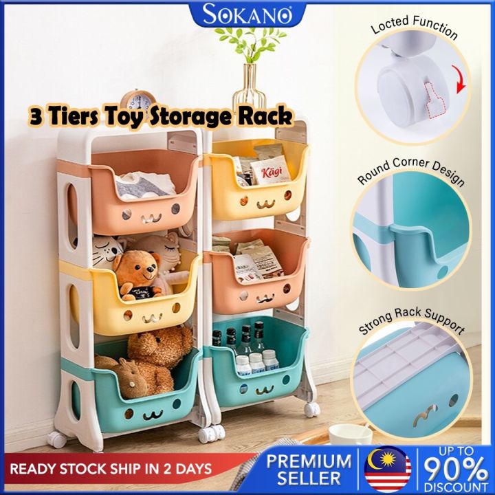 SOKANO TBW002- 3 Tiers Toy Storage Rack Wheel Toys Organizer Rak Mainan ...
