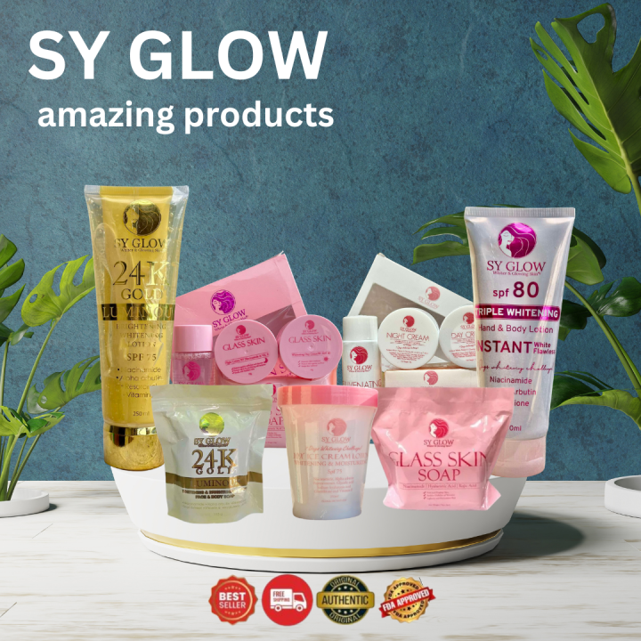 SY GLOW PRODUCTS l 24k GOLD LOTION l SPF 80 LOTION l 24K soap l glass ...