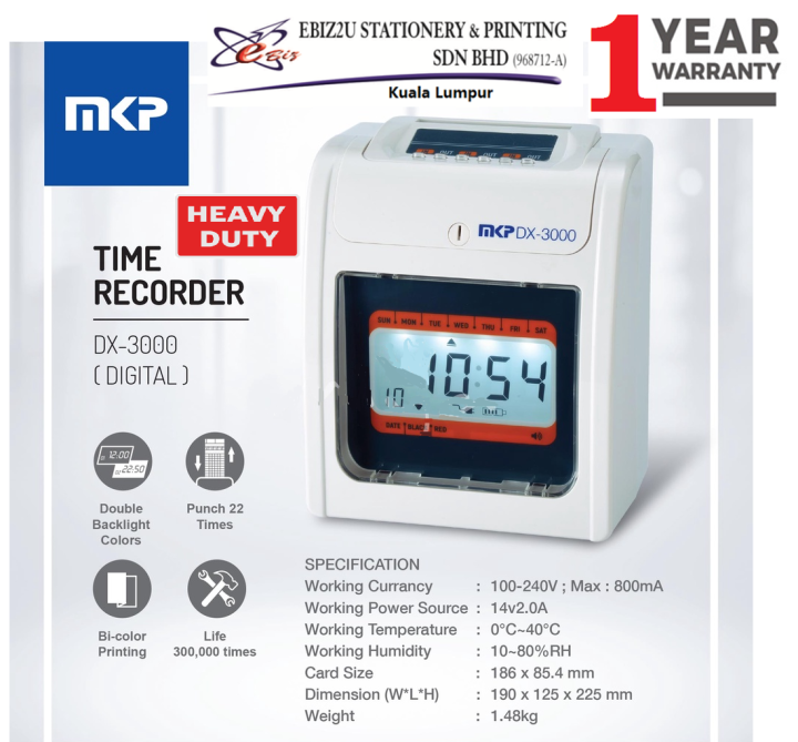 MKP Time Recorder / Punch Card Machine DX3000 (Digital) DX-3000 (mesin perakam waktu, punch card ...