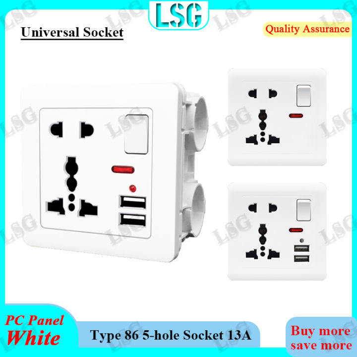 Universal Wall Socket With LED Light Switch 86 Type 5 Holes Socket White PC Panel 13A 250V ...